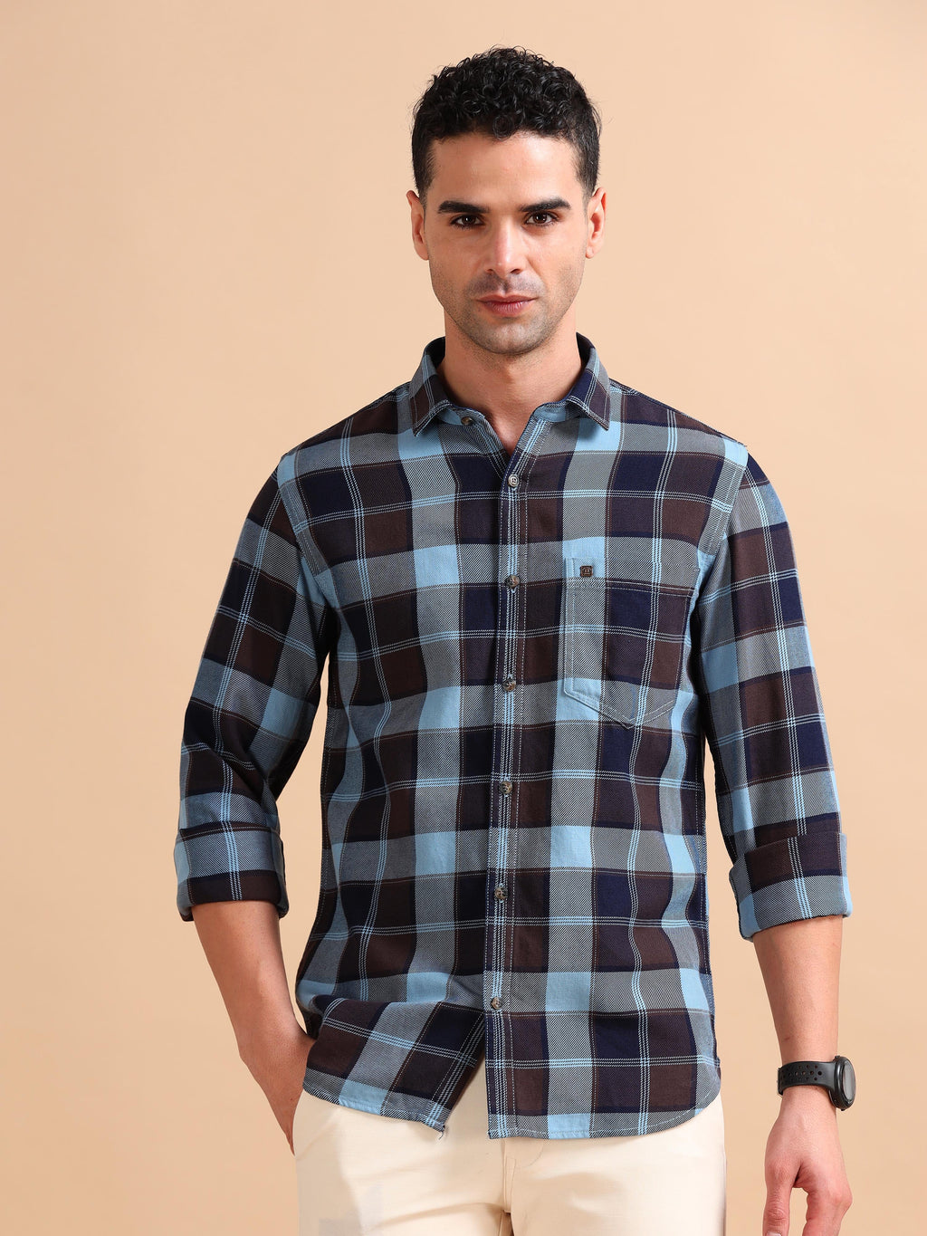 Shop Men Blue Slim Fit Checks Full Sleeve Casual Shirt Online