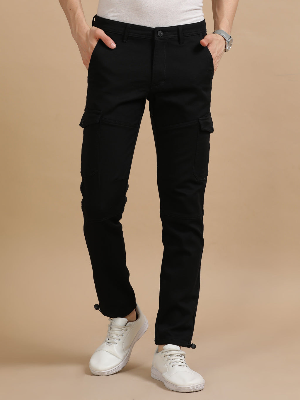 Buy Men Black Narrow Fit Knitted Dobby Cargo Trousers