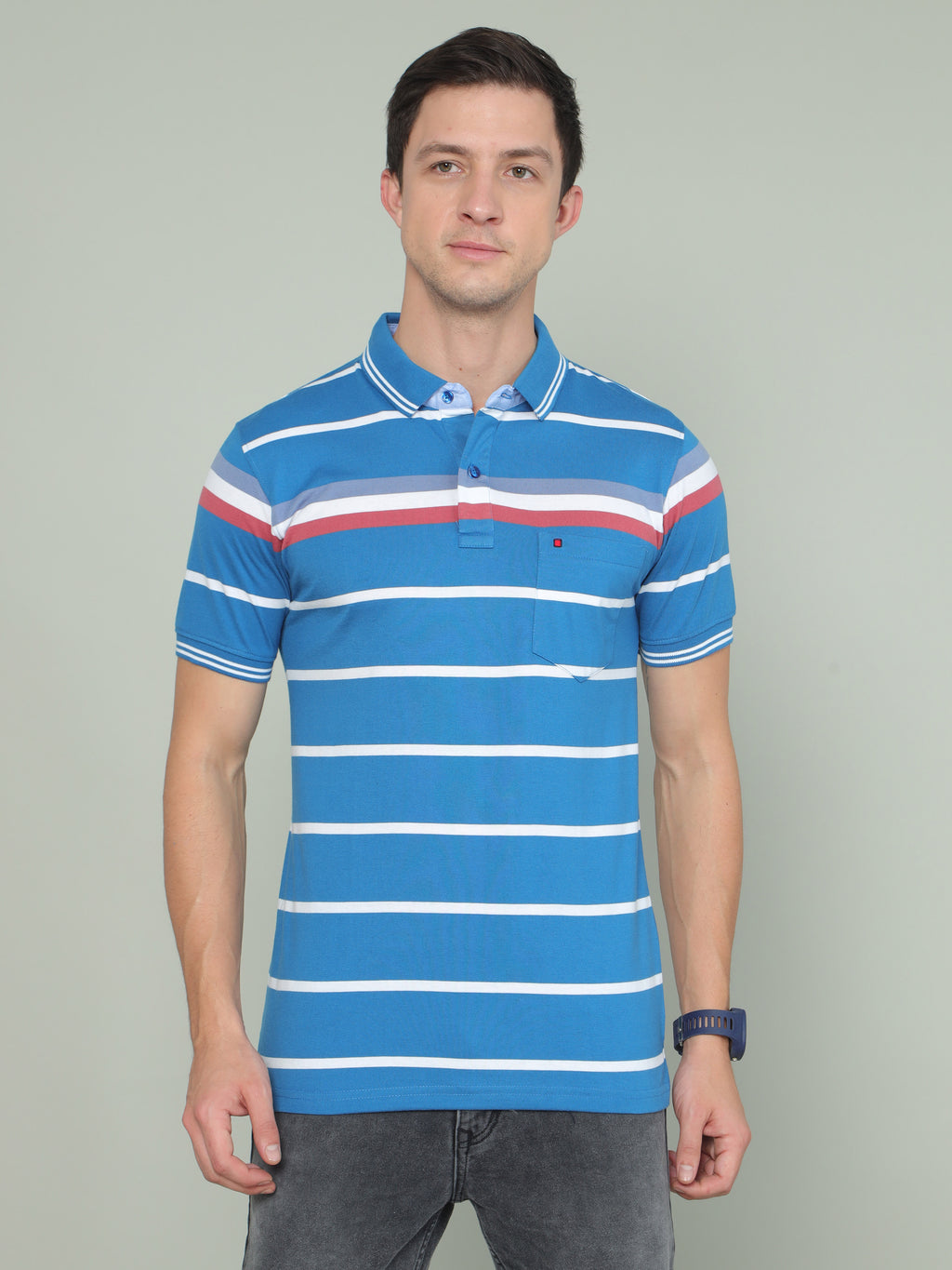 Shop Men's Blue White Stripe Polo Neck T-Shirt Online