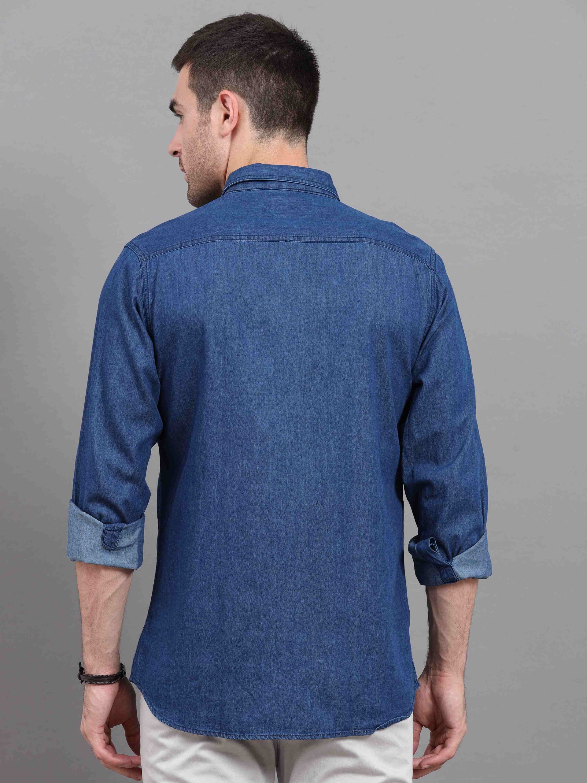 Shop Mens Dark Blue Denim Solid Casual Shirt - Cool Colors