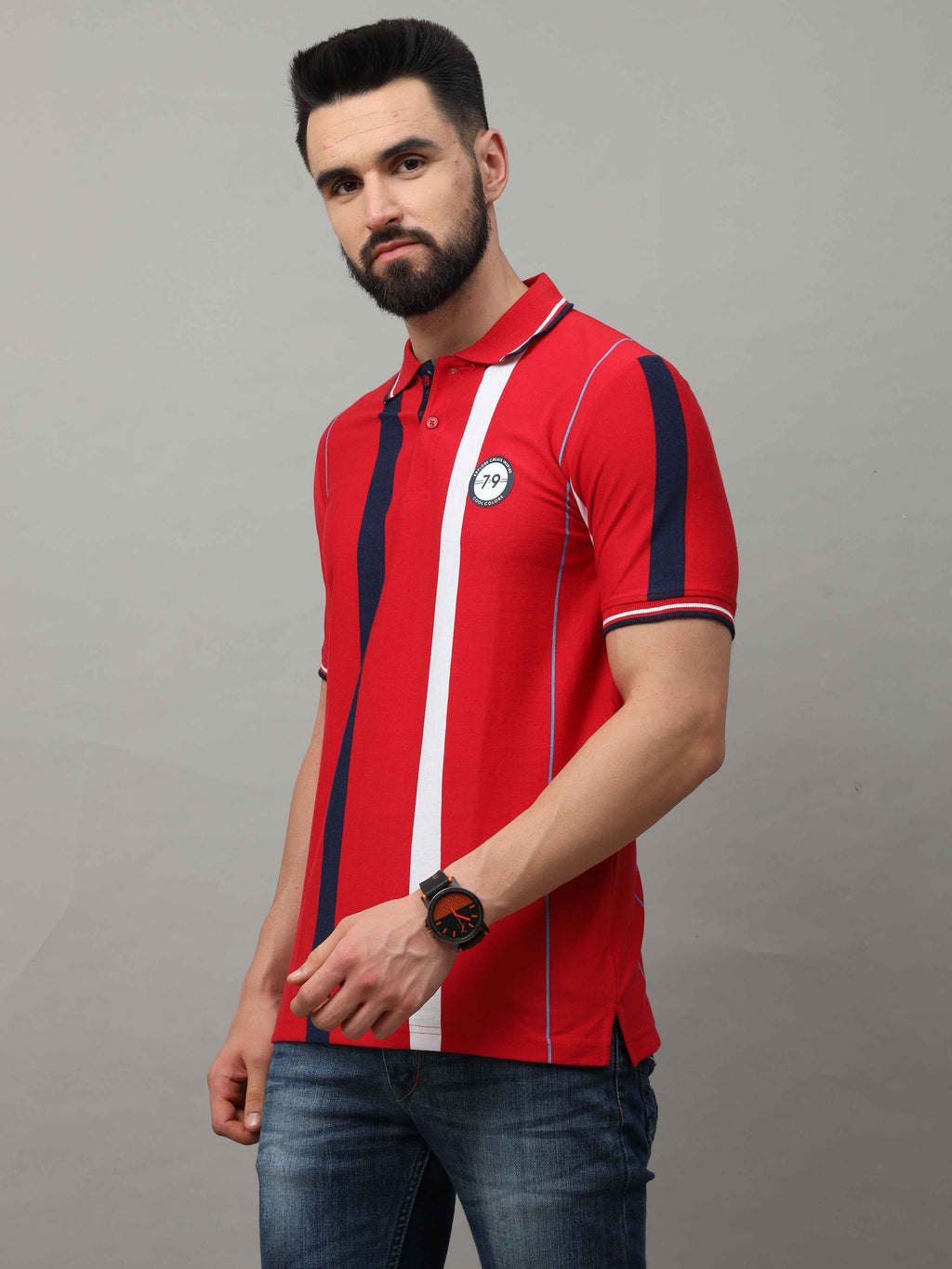 Shop Men's Red Regular Fit Stripes Half Sleeves Polo T-Shirt